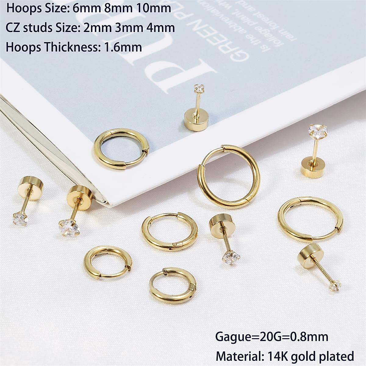 Dainty 6 Pairs Earrings Sets for Multiple Piercing, Lightweight 14K Gold Plated Small Huggie Hoop Earrings, Lobe, Hypoallergenic (14K Gold Plated- Huggie Hoops and CZ Studs)
