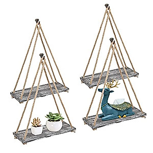 CASAVIDA Wood Floating Shelf Set of 4 Wall Hanging Shelf Decorative Plant Shelves Distressed Rope Floating Shelves Rustic Home Wall Decor for Living Room Bedroom Kitchen