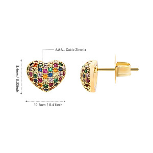 ATSOURCE Pave Stud Earrings Heart - Heart Shaped Stud Full of 45Pcs Multicolor Crystal - Gift for Sisters, Lover (Gold-Multicolor)