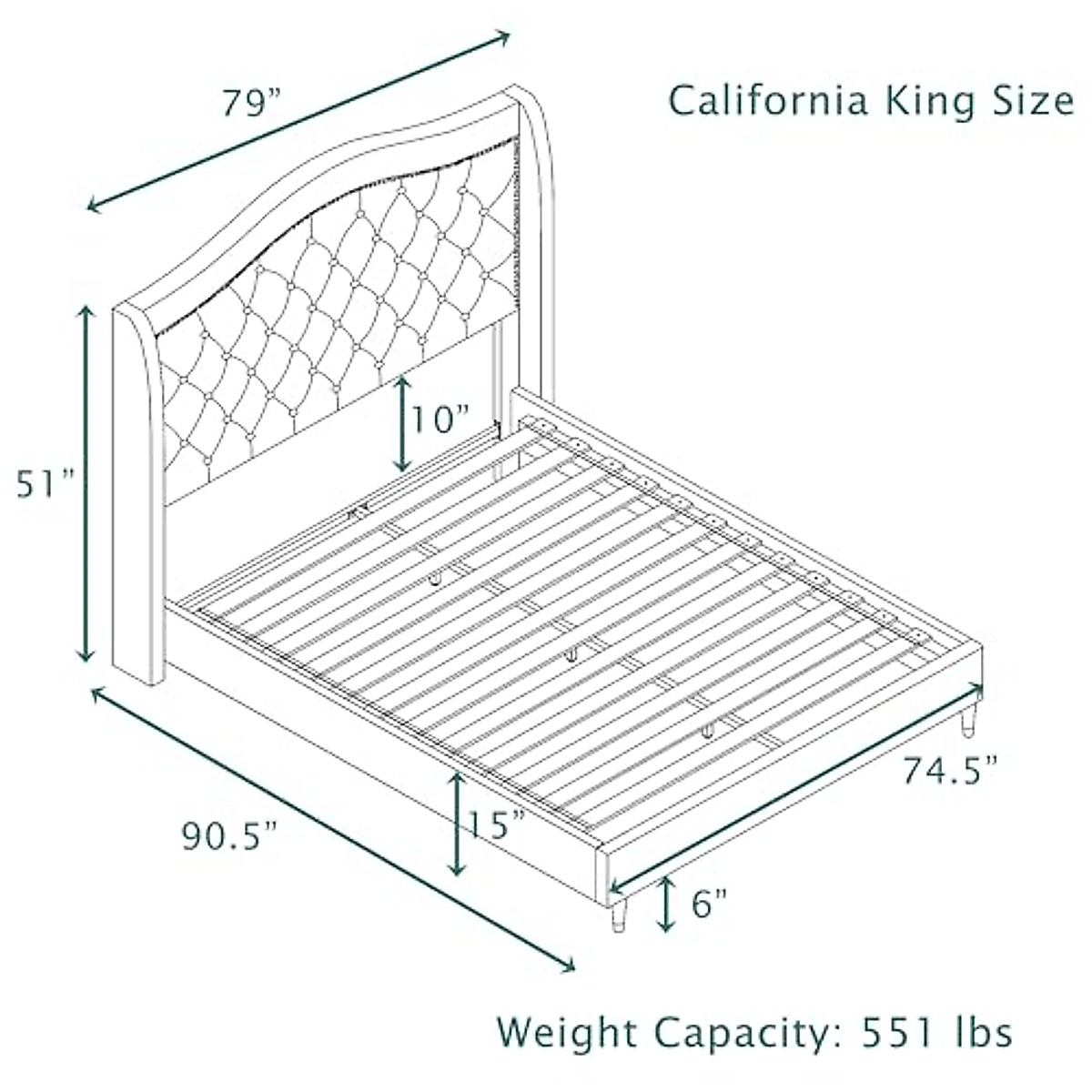 Morden Fort Blue Velvet Bed Frame Wood Platform, Upholstered Platform Bed with 51” Headboard, Heavy Duty Bed Frame with Wood Slat Support, No Box Spring Required, Easy Assembly, California King