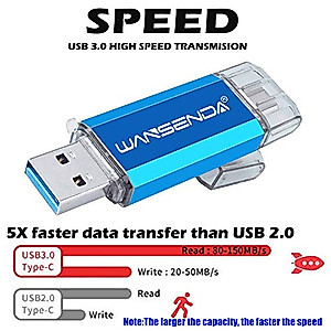 Wansenda 128GB USB C Flash Drive 2 in 1 Thumb Drive, OTG USB 3.0 & Type-C Photo Memory Stick for Android Devices/PC/Mac (128GB, Blue)