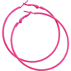 IDB Classic Stainless Steel Big Hoop Earrings - 2.32" x 2.48" x 0.07" (59x63x2mm) - Multiple Colors to choose from (Hot Pink)
