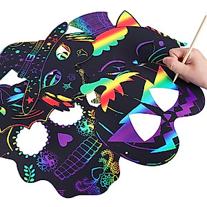 Max Fun 36PCS Halloween Rainbow Scratch Mask, Art Craft Kit for Kids Birthday Cosplay Classroom Decoration, Magic Scratch Paper Halloween Party Favor Supplies Bat Witch Pumpkin Zombie Pirate Skull