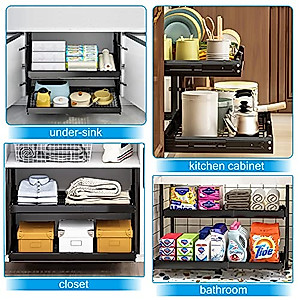 2 Tier Expandable Pull Out Cabinet Drawer Organizer, Slide Out Pantry Shelves Sliding Drawer Storage for Home Cabinet Shelf, Under Cabinet Storage, Adjustable Cabinet Shelf Organizers -24.4"x17“x37.8"
