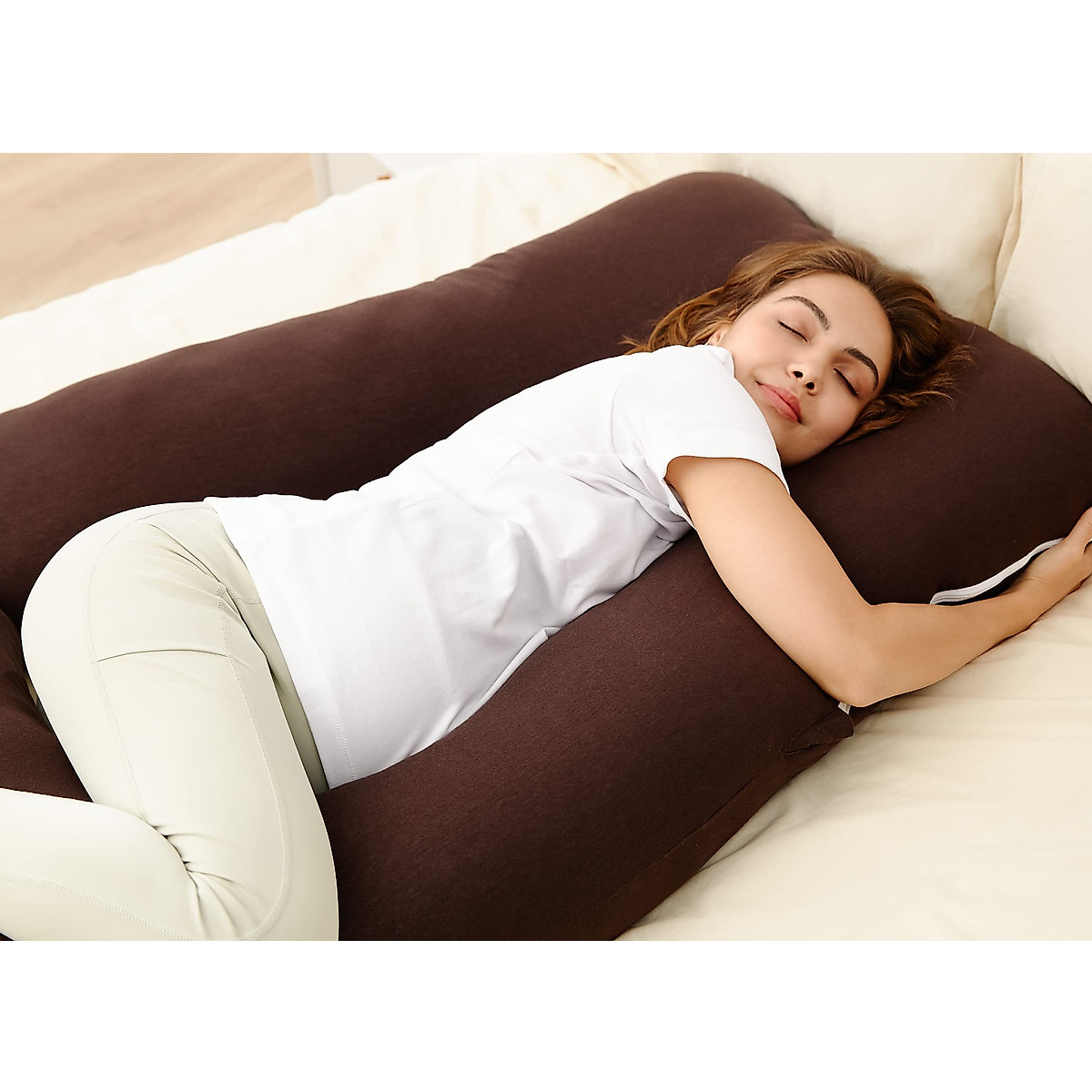 Momcozy Pregnancy Pillows for Sleeping, U Shaped Full Body Maternity Pillow for Side Sleeping - Support for Back, Legs, Belly, Hips, 57 Inch, Brown