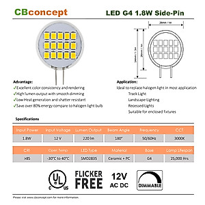 CBconcept UL Listed, SidePin G4 LED Light Bulb, 10 Pack, 1.8 Watt, Dimmable,220 Lumen, Warm White 3000K, 180 Degree Beam Angle, 12 Volt,20W Equivalent, G4 Bi Pin Base Halogen Replacement Bulb