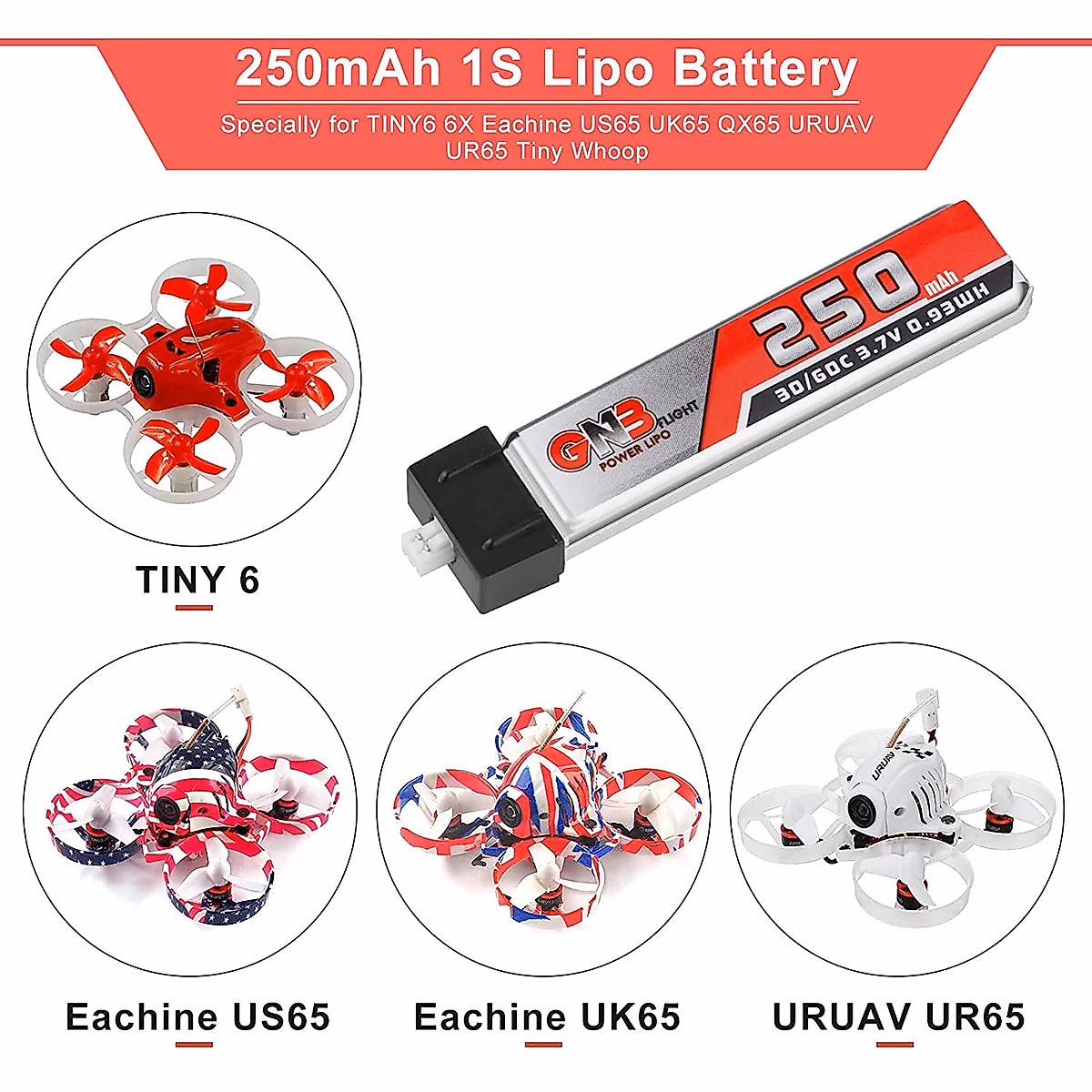 4pcs 250mAh 1S LiPo Battery 3.7V 30C Blade Inductrix Battery Micro JST 1.25 Connector for Kingkong Tiny 6 Tiny Whoop FPV Racing Drone