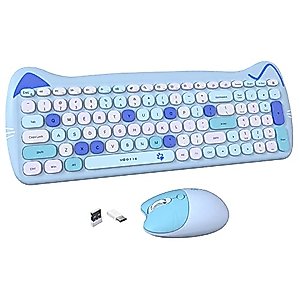 UBOTIE Wireless Keyboards and Mice Combos, Colorful Cute Cat Pattern Slim Compact Size 100keys Keyboard, 2.4GHz Cordless Connection with Optical Mouse (Blue-Colorful)