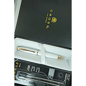 A.T. Cross Pearlescent Lightening White Medalist and 23KT Rose Gold Appointments and Cross signature mid Band Calaise Ballpoint Pen and two Bonus refills A Gift Pen for Anyone and Any Occasion