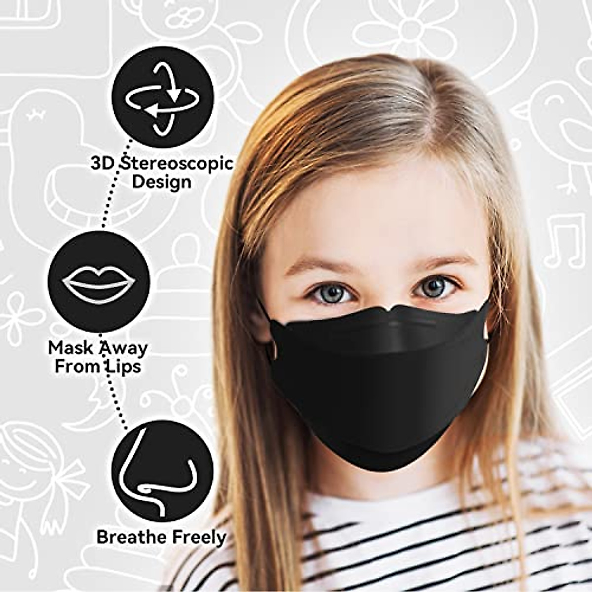 Keangs Kids Face Masks 50 Count (For Kids), Breathable Protective Disposable Mask Small Size for Kids, Black