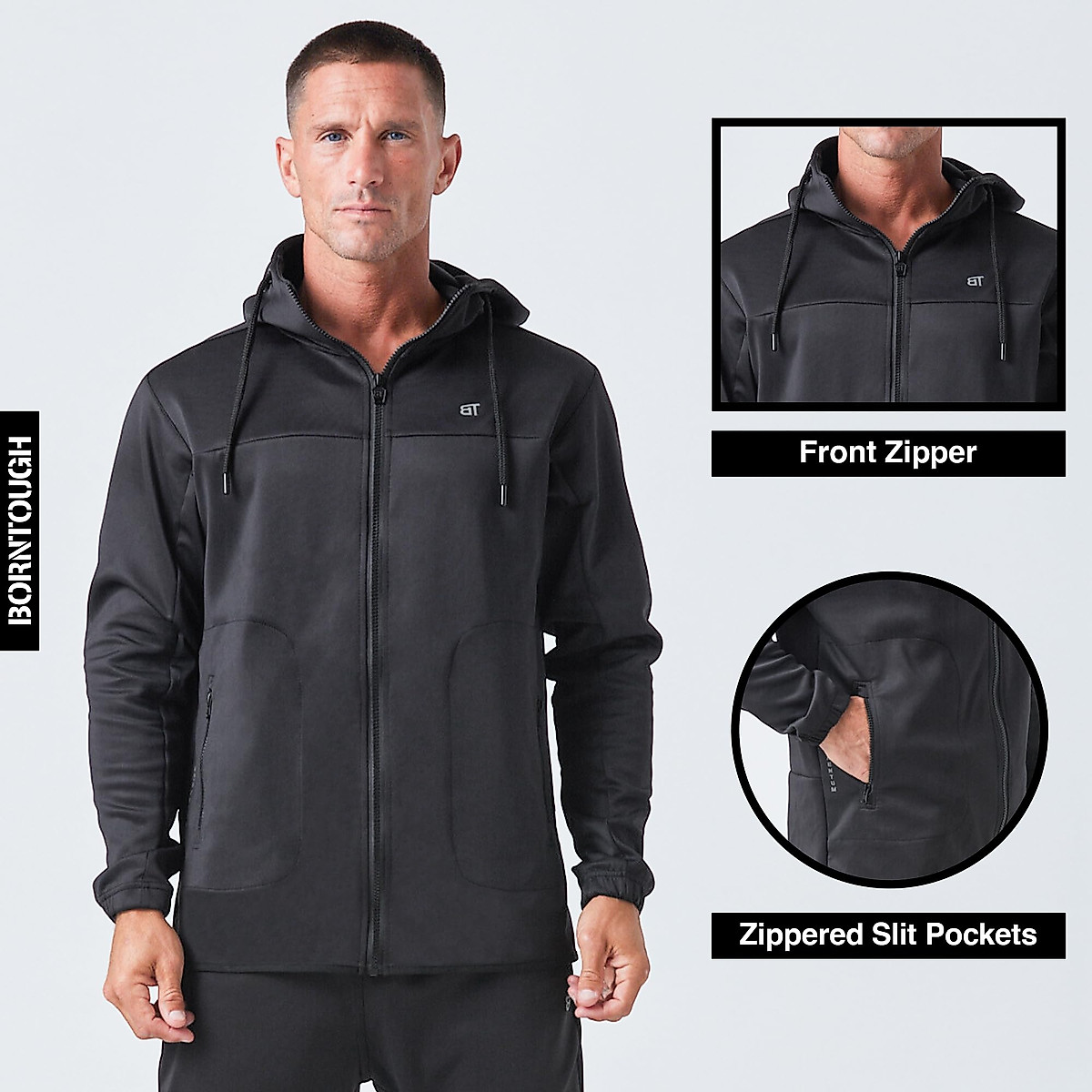 Born Tough Gym Workout Hoodie for Men, Athletic Track Jacket, Mens Gym Hoodie, Black Full Zip-Up Hoodie Running, Bodybuilding