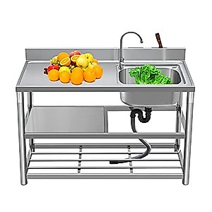 Outdoor Sink Stainless Steel Freestanding Laundry Single Bowl Station, Commercial Sink Bowl 1 Drainboard Kitchen Catering Stainless Steel Bullet Feet Indoor Outdoor ( Color : A , Size : 90*50*80cm/35.
