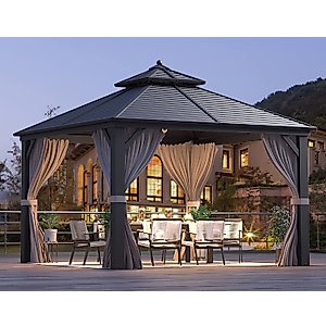 MELLCOM 12' x 12' Hardtop Gazebo, Galvanized Steel Double Roof Outdoor Gazebo, Aluminum Frame Metal Gazebo with Netting and Curtains for Patios, Gardens, Lawns Brown