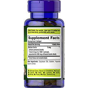 Puritan's Pride Odorless Garlic 500 Mg, 250 Softgels by Puritan's Pride, 250 Count (5493)