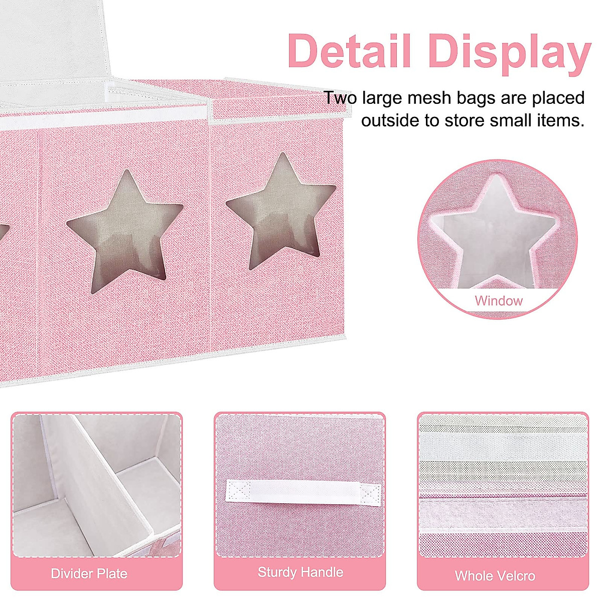 Xmasorme Toy Box for Girls,Extra Large Toy Storage Organizer Bins with Star Transparent Windows,Sturdy Handles and Mesh Bag, Foldable Storage Box for Nursery, Playroom, Bedroom(Pink)