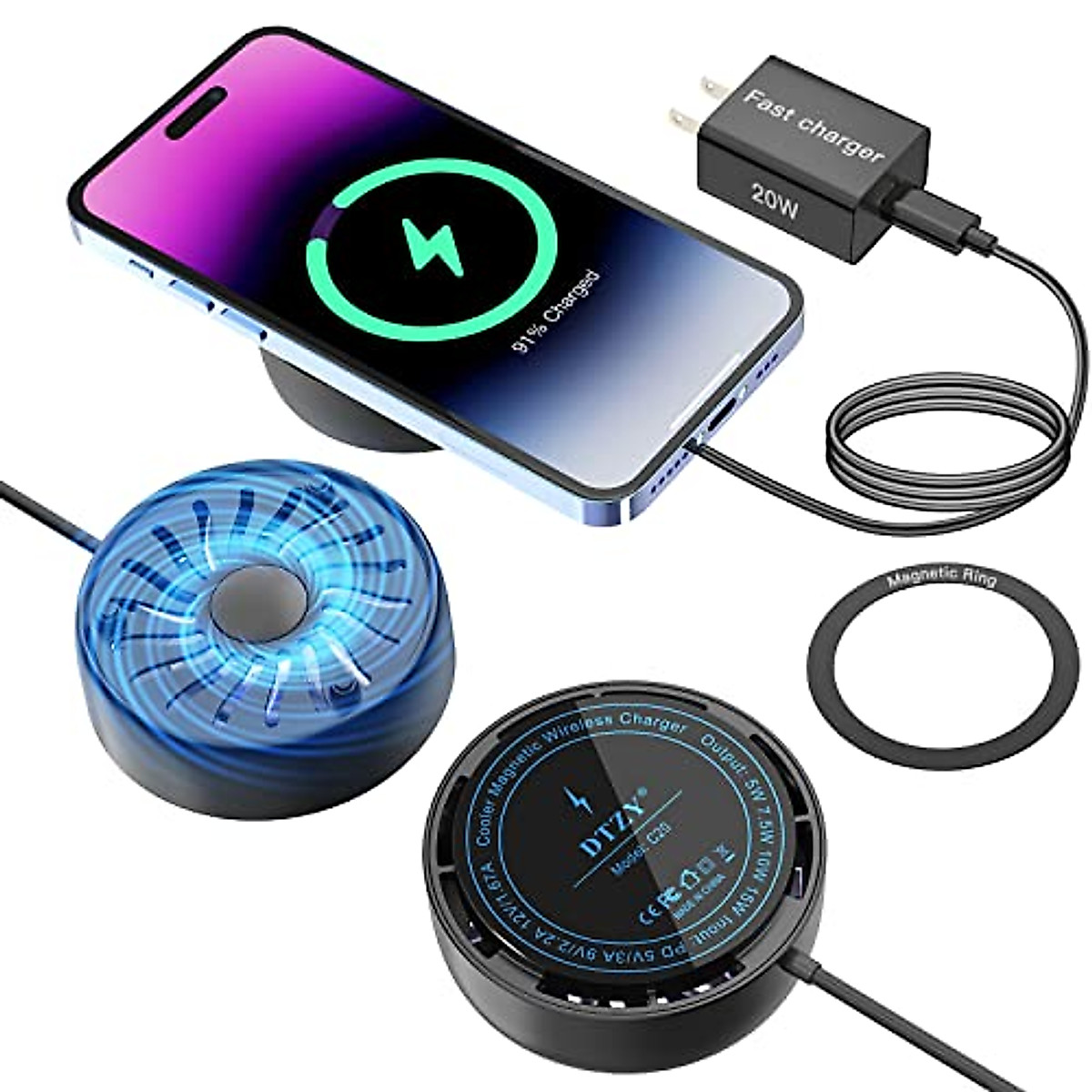 DTZY Magnetic Wireless Charger Phone Cooler, 15W Fast Charging Compatible with Radiator Wireless Charging for iPhone 14/13/12 Series,Magsafe Wireless Charging for Gaming Video Live Streaming Black