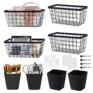 LIGHT DUST Wall Hanging Baskets - 8 Set Black Baskets & Cups Wire Basket Metal Wall Organizer Bins for Kitchen Pantry Cabinet Bathroom Shower Door RV [Included Adhesive Hooks & Wall Mounted Screws]