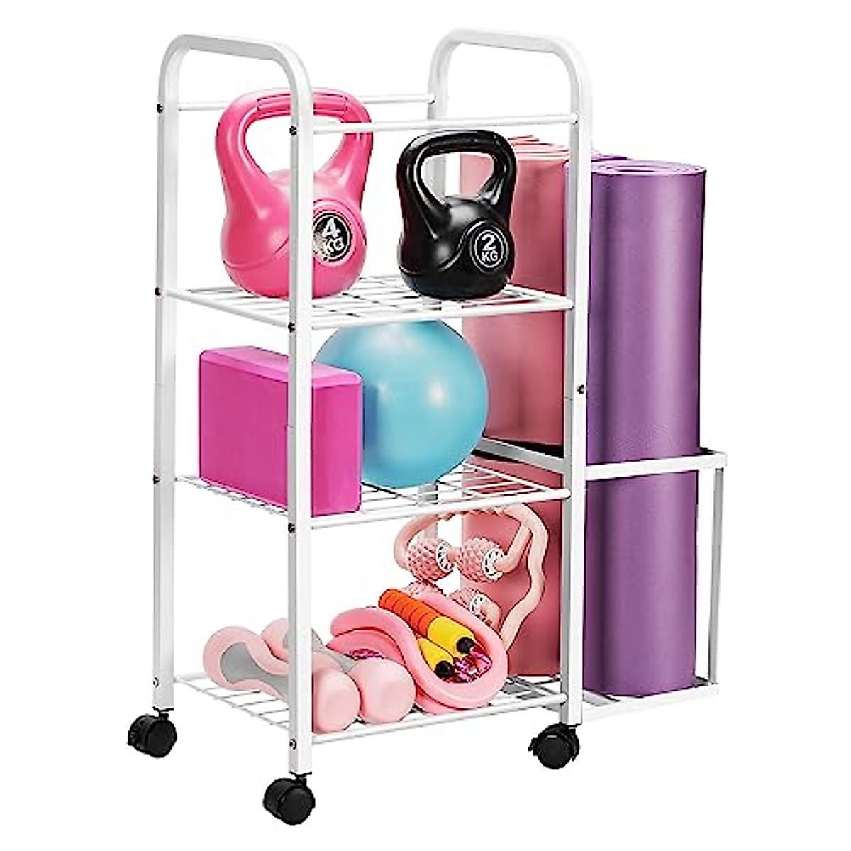 Emfogo Yoga Mat Holder Home Gym Storage Rack Yoga Mat Workout Storage for Foam Roller, Yoga Strap and Resistance Bands, Weight Rack for Dumbbells Workout Equipment Storage Organizer With Wheels