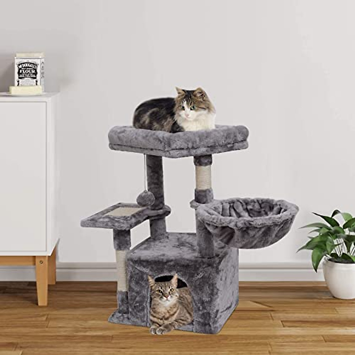 SYANDLVY Cat Tree for Indoor Cats, Activity Tower with Scratching Posts & Board, Modern Kitten Condo with Plush Perch, Hammock & Hanging Ball for Play (Light Grey)