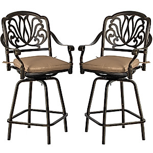 Grepatio Outdoor Cast Aluminum Swivel Bar Stools Set of 2, Patio Height Bartools Chairs, 2 Piece Patio High Dining Bistro Chairs for Garden Backyard with Cushion (Khaki)