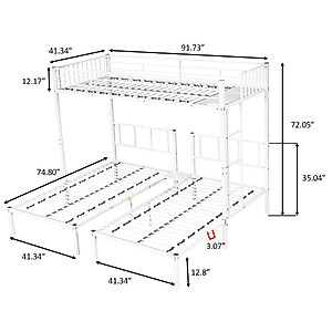 UFINEGO Twin Over Twin & Twin Bunk Bed, Triple Bunk Bed Metal Bunk Bed Frame with Guardrails, Converted into Three Single Twin Bed, No Box Spring Needed