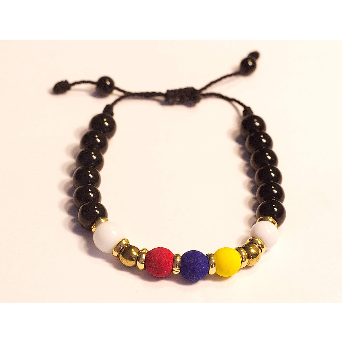CharmsOfTheWorld Handmade Bracelet from Medellin - Colombia Flag Colors - Cat's eye gemstone and steel beads - Sliding Knot