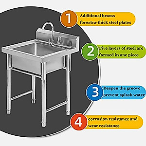 Free-Standing Commercial Stainless Steel Sink 1 Compartment with Bracket Extra-Thick Portable Stainless Steel Hand Washing Sink Suitable for Garage Kitchen Laundry Room