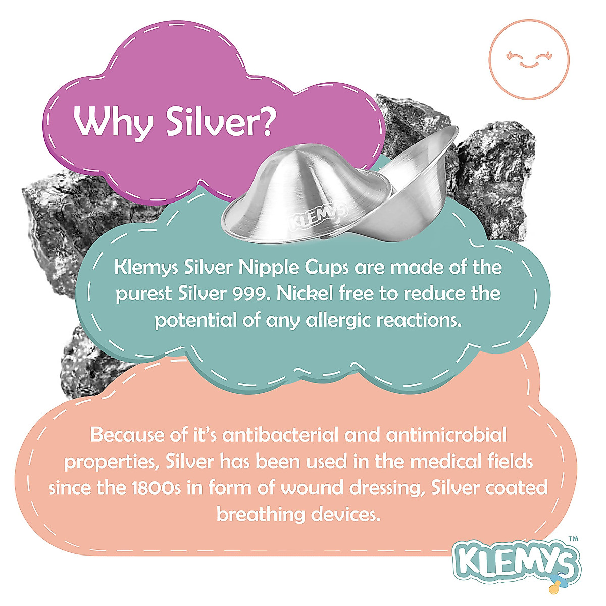 Klemys Silver Nursing Cups - Nipple Shields for Nursing Newborn - Breastfeeding Essentials - Newborn Must Haves - Nipple Covers Breastfeeding - 999 Silver (Regular)