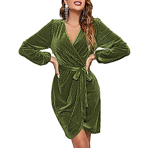 MEROKEETY Women's 2024 Long Sleeve Wrap Velvet Mini Dress Sexy V Neck Cocktail Party Club Dress, Olive, M
