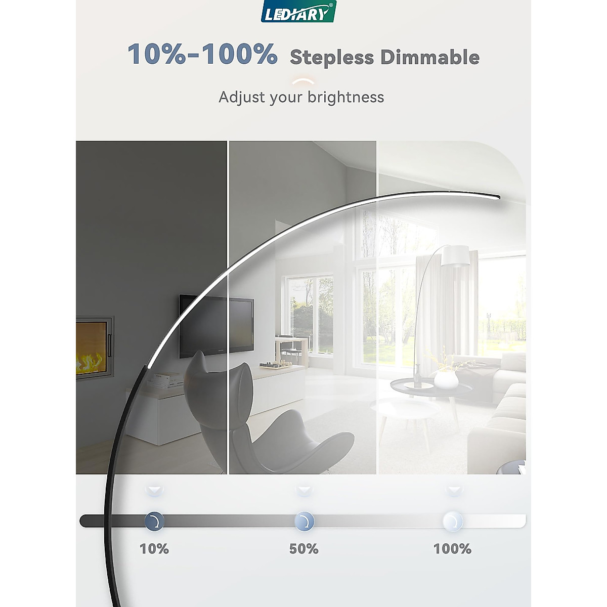 LEDIARY Arc Floor Lamp, 65" Modern Floor Lamp with Remote Control, Dimmable Standing Lamp, Black LED Reading Lamp for Living Room Bedroom Office Home, Stepless Color Temperature