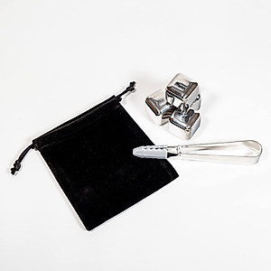 Whiskey Stones Stainless Steel Gift Set for Men, Dad - Reusable Waterless Cooling Ice Cubes with Tongs for Drink, Beverage, Bourbon, Coffee - 4 Pcs with Tongs in Box