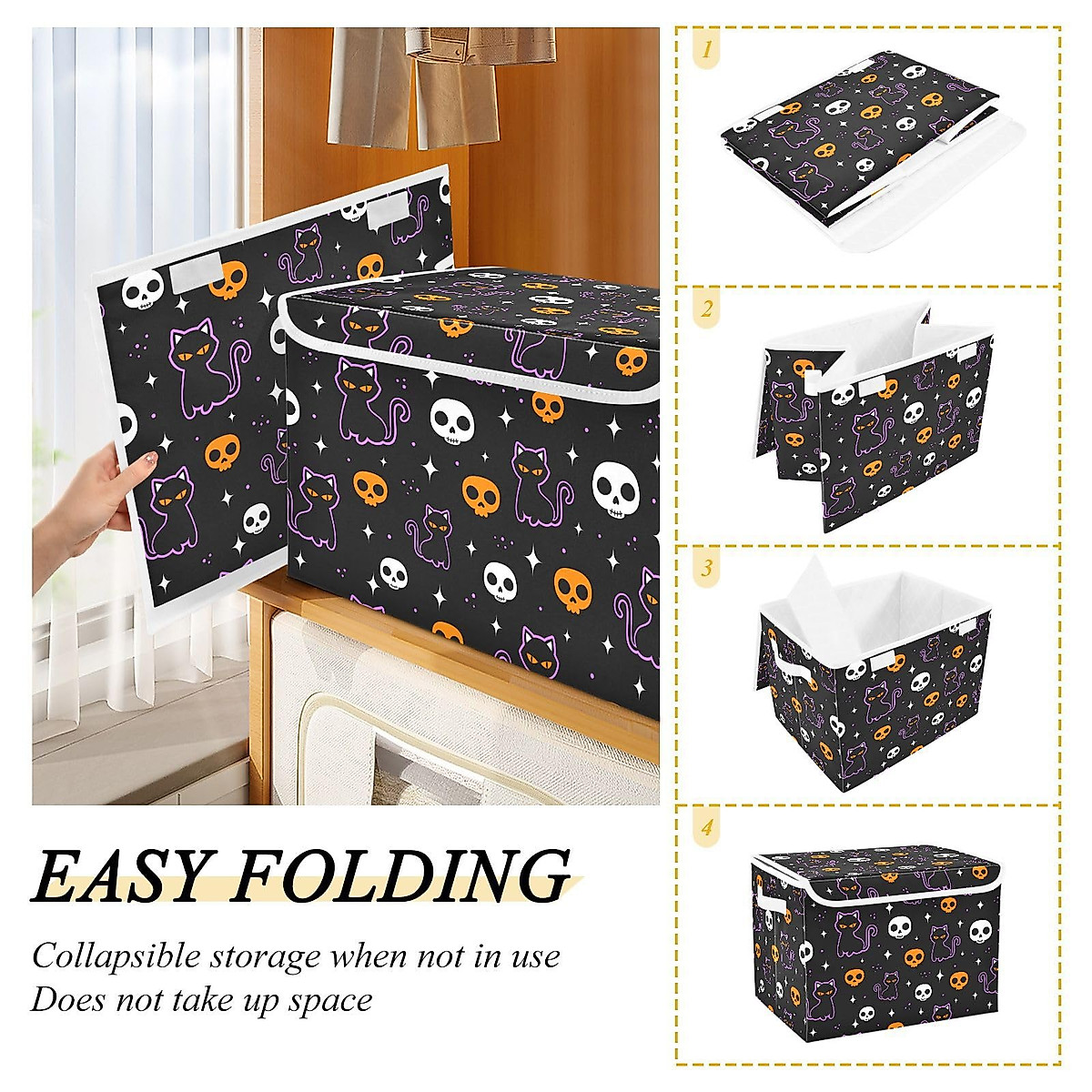 senya Halloween Storage Baskets Collapsible Storage Bins with Lids, Halloween Colored Skulls Black Cat Storage Boxes Clothes Baskets for Organizing, B06D22020