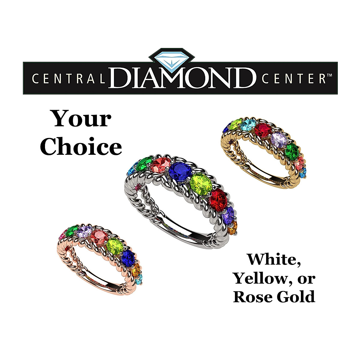 Central Diamond Center Rope Mothers Ring 1 to 10 Simulated Birthstones - Sterling Silver - Platinum Plated - Size 7