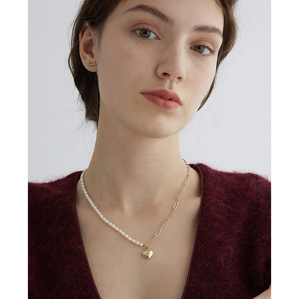 Cowlyn Love Heart Necklace Pendant 14K Gold Plated Paper Clip Chain Pearl Chain Vintage Charm Valentine Gift Women Jewelry