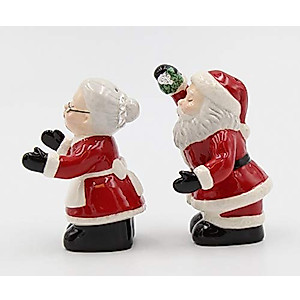 Fine Ceramic Kissing Santa & Mrs. Claus Under the Mistle Salt & Pepper Shakers Set, 3-3/8"