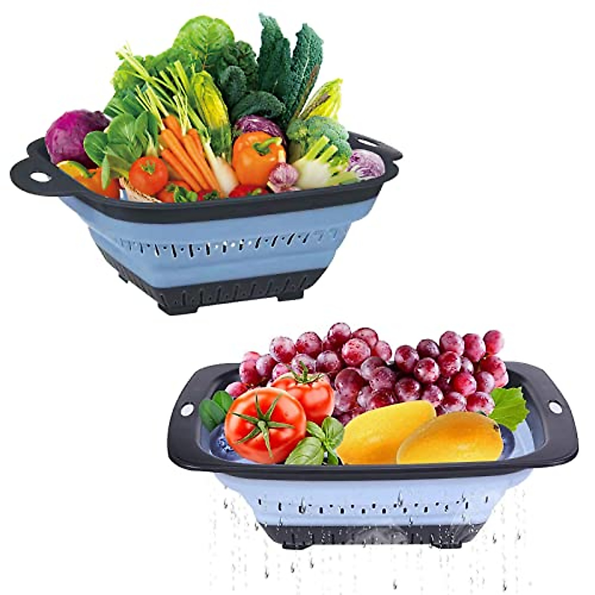 Esmartlife Silicone Colanders - 2 Collapsible Colanders (Strainers), Sizes9" - 3 Quart and 8" - 2Quart -Colander Strainer, Space-save Silicone Kitchen Foldable Food Strainer