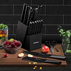 Knife Set, 15 Pieces Chef Knife Set with Block for Kitchen, German Stainless Steel Knife Block Set, Dishwasher Safe, Elegant Black