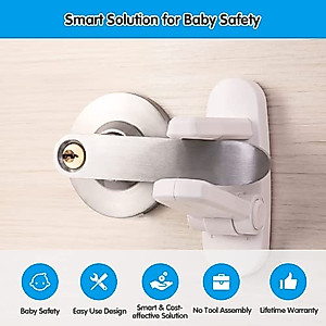 RENAISSANT 2 Pack - Childproof Door Lever Lock, Prevents Toddlers from Opening Doors, Easy One Hand Operation Door Locks for Kids Safety, ABS with Damage-Free 3M Adhesive Child Safety Door Handle Lock