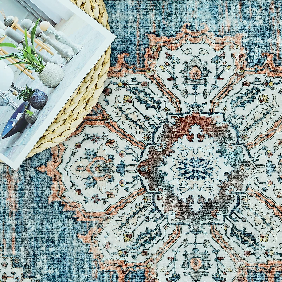 Washable Living Room Area Rug - 8x10 Large Bedroom Rug Distressed Oriental Non-Slip Non-Shedding Print Floor Carpet for Dining Room Kitchen (Blue, 8 x 10)