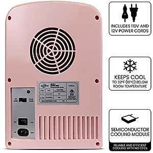 Koolatron 4L Retro Portable Mini Fridge w/ 12V DC and 110V AC Cords, 6 Can Personal Cooler for Snacks, Beverages, Skincare, Beauty Serum, Face Mask, Desktop Accessory for Home Office Dorm Travel, Pink