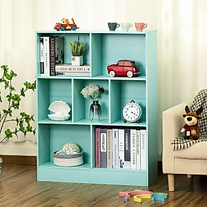 LEYAOYAO 7 Cube Bookshelf with Base,3 Tier Modern Mint-Green Kids Bookcase,Standing Wide Bookshelves Storage Organizer Toy Shelf,Wood Display Children's Book Shelves for Bedroom,Living Room,Nursery