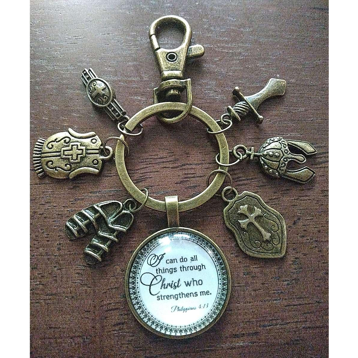 Unisex Christian Keychain, purse charm, zipper pull with I can do all things through Christ and Armor of God Tibetan Bronze Charms