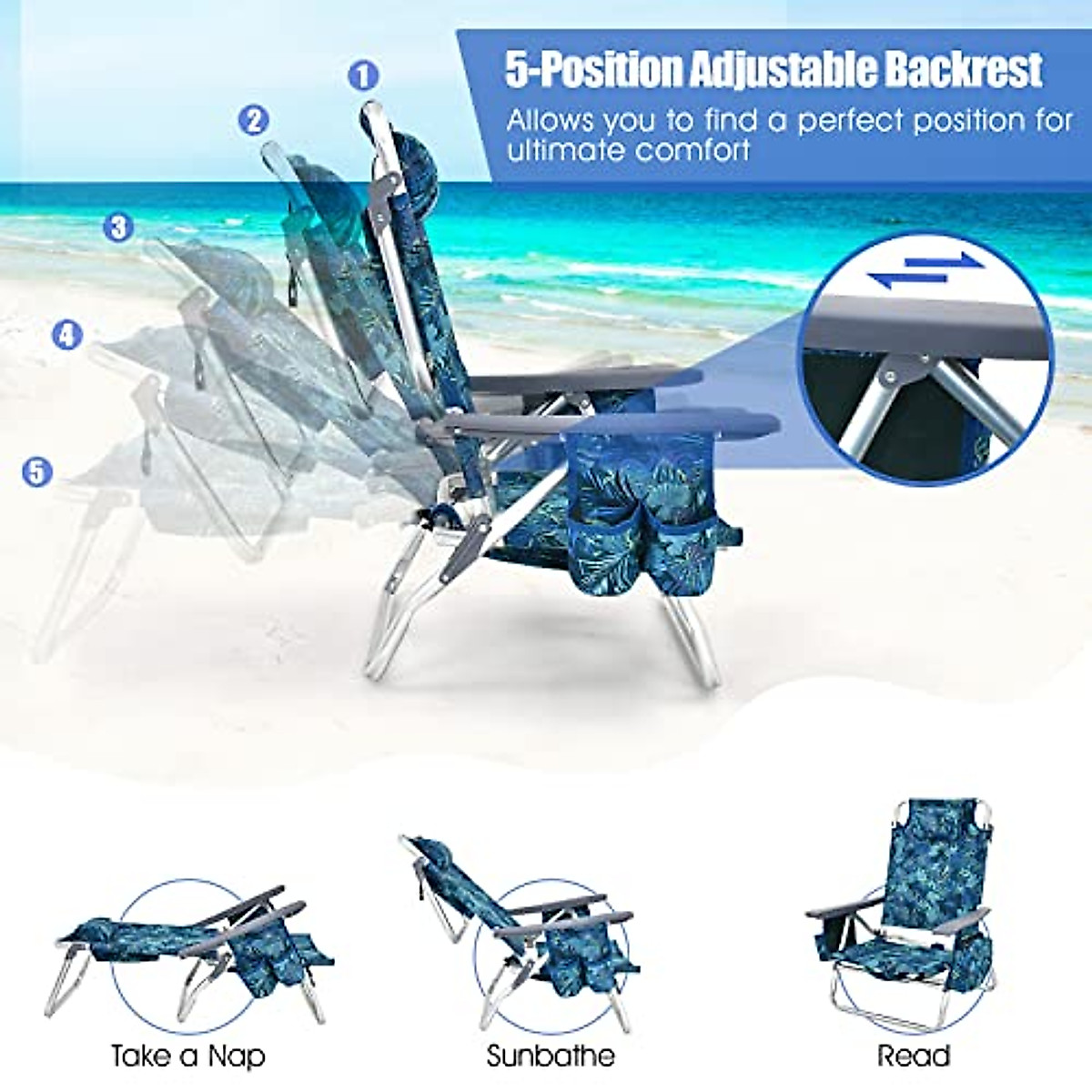 BETTARY Backpack Beach Chairs Set, 5-Position Lawn Chair & Small Aluminum Table w/Cup Holder, Cooler Bag, Heavy Duty Lay Flat Folding Camping Chairs 3PCS for Fishing & Sunbathing