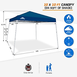 EAGLE PEAK 10x10 Slant Leg Pop-up Canopy Tent Easy One Person Setup Instant Outdoor Beach Canopy Folding Portable Sports Shelter 10x10 Base 8x8 Top (Dark Blue)