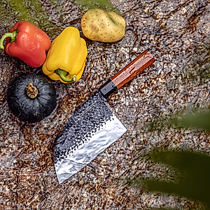 FAMCÜTE 6.5 inch Butcher Knife, 3 Layer 9CR18MOV Clad Steel w/octagon Handle Serbian Meat Cleaver Knife with Leather Knife Sheath