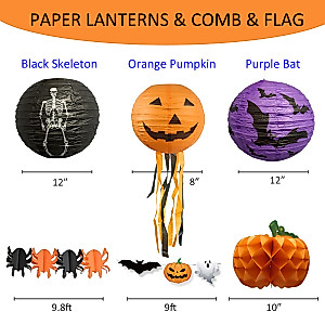 12pcs Black Orange Pumpkin Purple Spider Halloween Decorations Kit Tissue Pom Poms Paper Lanterns Circle Fans Banner and Pumpkin Honeycomb Balls for Graduation Party Classroom Tables Decor Indoor