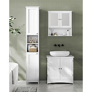 VASAGLE Tall Bathroom Cabinet with Lights, Slim Freestanding Bathroom Storage Cabinet with Adjustable Shelves, for Small Spaces, Modern, 11.8 Inches Wide, Cloud White UBBC566W02