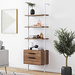 Nathan James Theo 6-Shelf Tall Bookcase, Rustic Oak/White & Theo Industrial Bookshelf with Wood Drawers and Matte Steel Frame, 3-Shelf, Oak/White