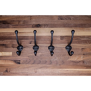 Vintage Cast Iron Wall Hooks (Black Texture Finish, Set of 4) - Rustic, Farmhouse Coat Hooks | Great for Coats, Bags, Towels, Hats | Classic Standard