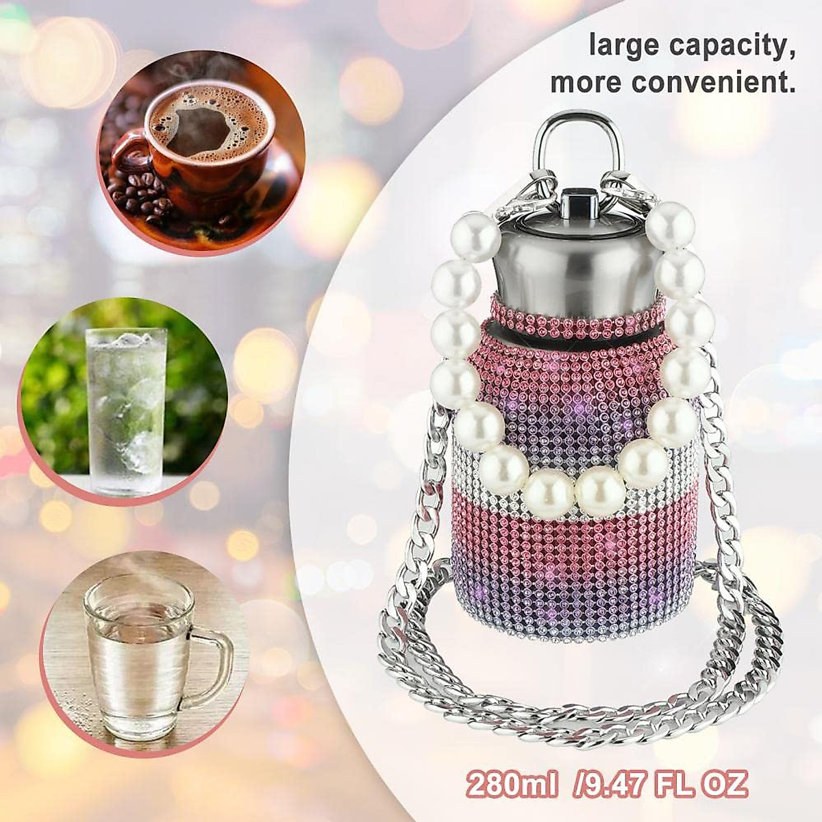 XUDREZ Diamond Thermos Bottle for Womens, Diamond Water Bottle Bling Rhinestone Stainless Steel Vacuum Flask Sparkling Refillable Insulated Thermal Bottle with Pearl Bracelet and Chain (Pink-purple)
